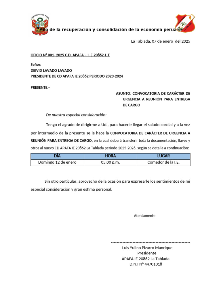 Oficio Apafa 2025 2026 | PDF