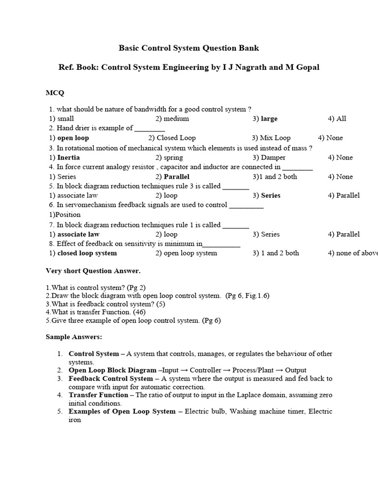 Basic Control System Question Bank - 2025 | PDF | Control Theory ...