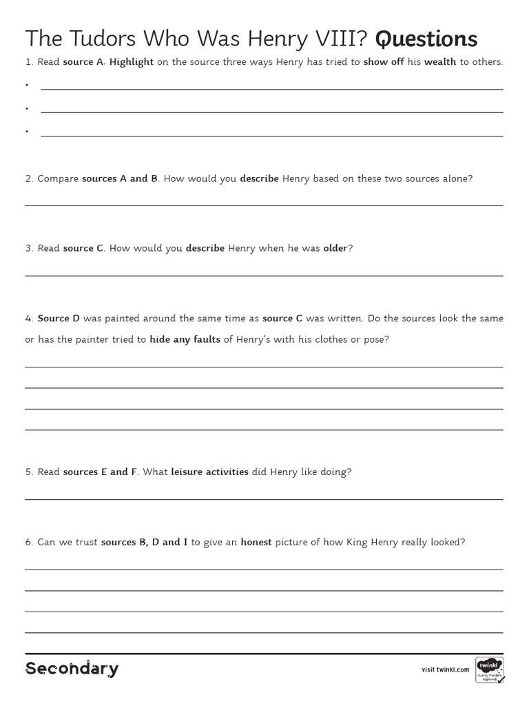 Who Was Henry VIII Sources Information Questions and Answers - Lower ...
