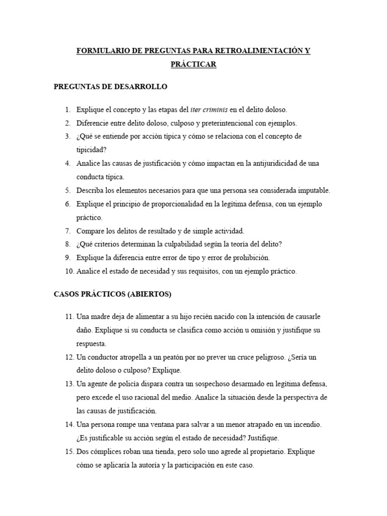 Formulario de Preguntas para Retroalimentaci-N y Pr-Cticar | PDF | Intención (Derecho Penal ...