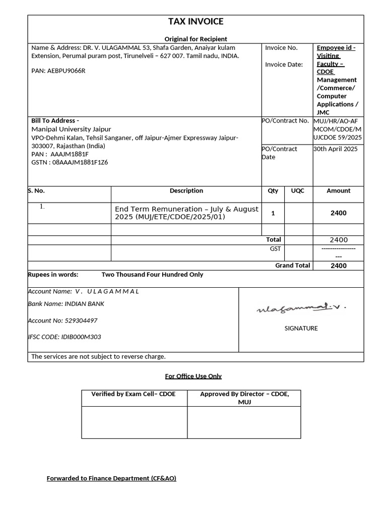 Sample Invoice - End Term Exam Remuneration - July-August 2025 (MUJETECDOE202501) | PDF ...
