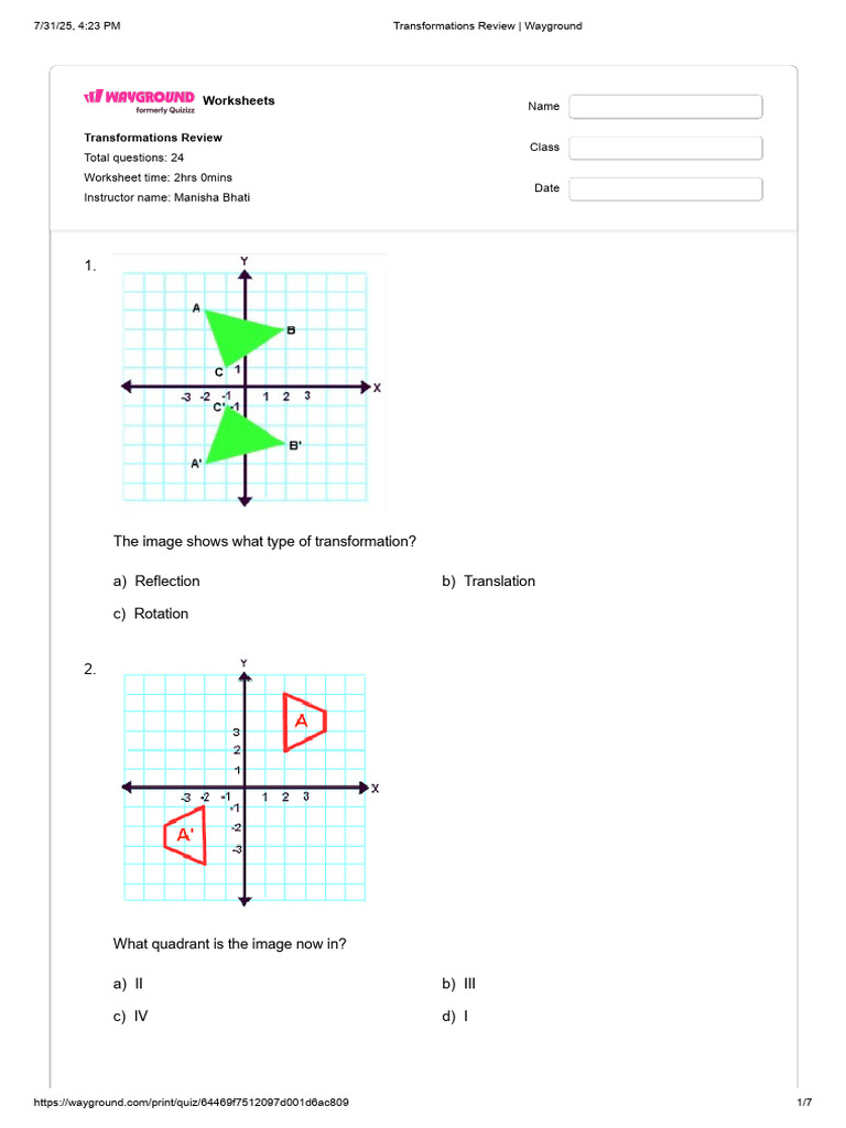 Transformations Review Worksheet | PDF | Cartesian Coordinate System ...
