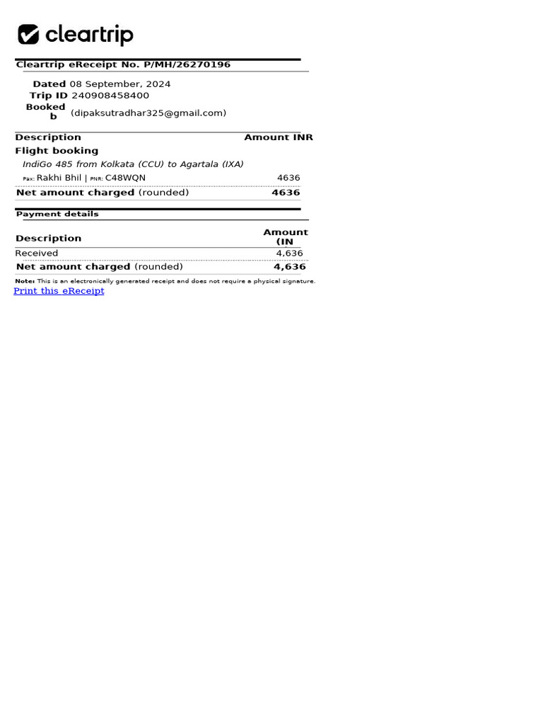 Cleartrip Flight Booking eReceipt | PDF