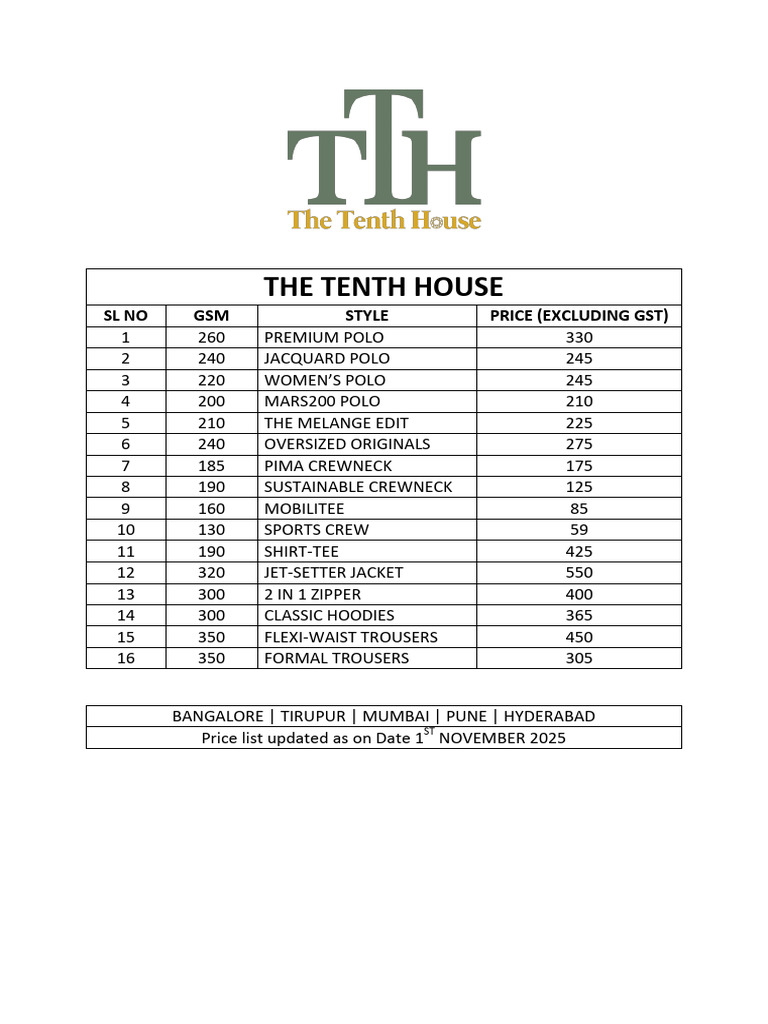 Price List - The Tenth House | PDF