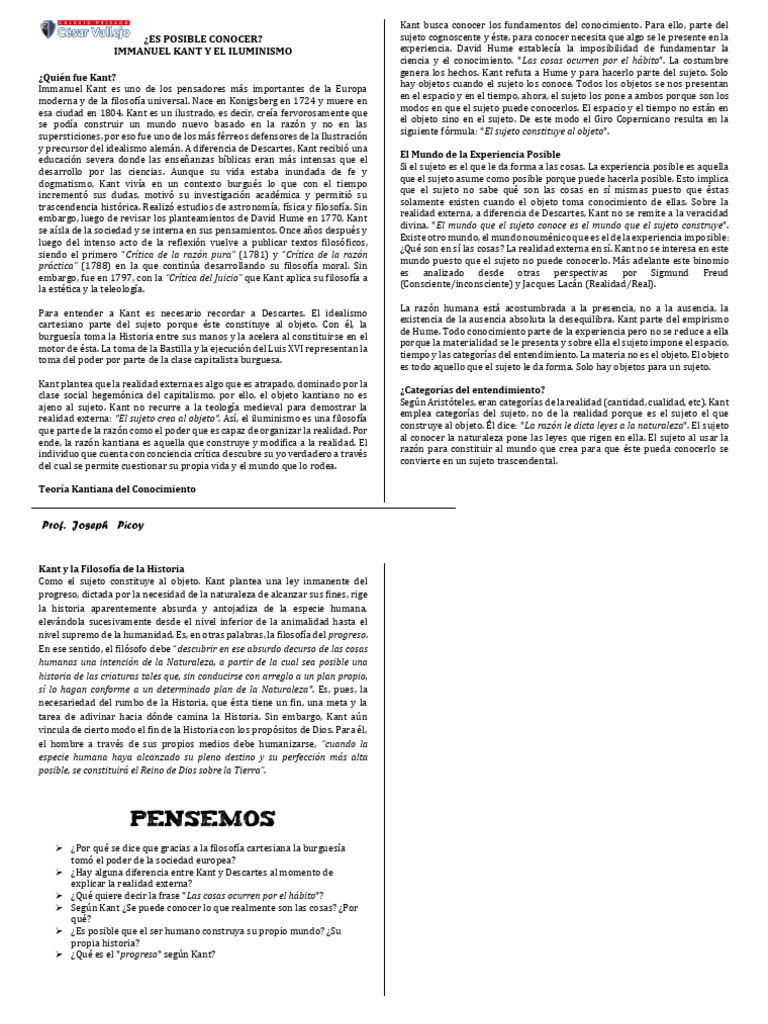Kant y el Iluminismo: Conocimiento y Progreso | PDF | Immanuel Kant ...