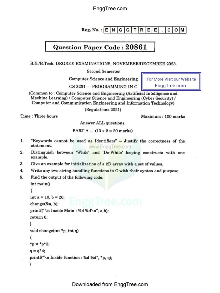 CS3251 Programming in C Nov Dec 2023 Question Paper Download | PDF