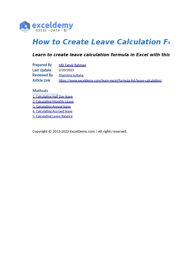 Excel Leave Calculation Formula Guide | PDF