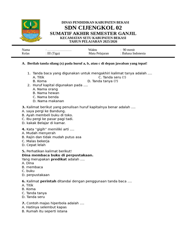 SAS Bhs. Indonesia Kelas 3 SD Semester 1 | PDF