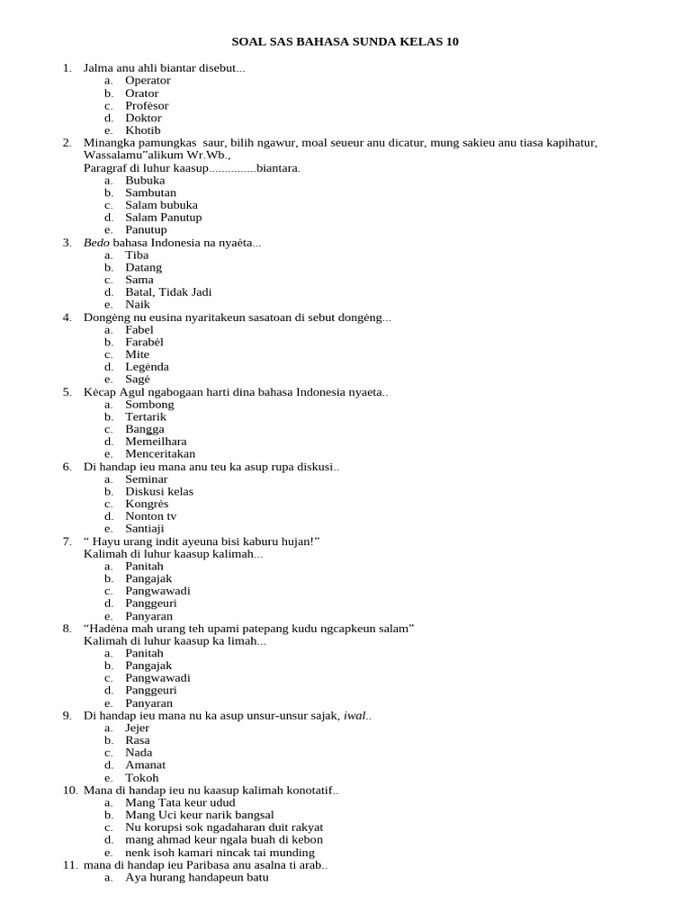 SOAL SAS BAHASA SUNDA KELAS 10 SEMESTER 1 | PDF