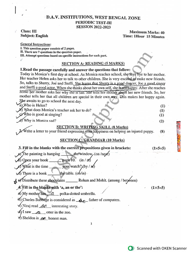 DAV Class 3 English Periodic Test 3 2022-23 | PDF