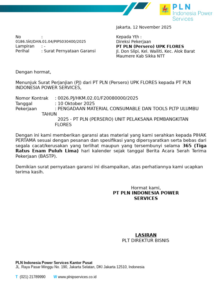 Surat Garansi-Asal Usul Barang-Barang 100 Persen Asli Kontrak 0026.Pj ...