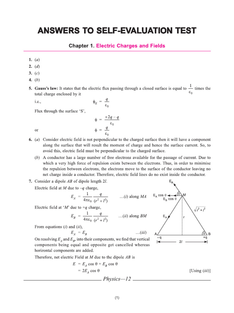 Cbse Cl12 Together With Physics Answers To Self-Evaluation Test CH 1 | PDF