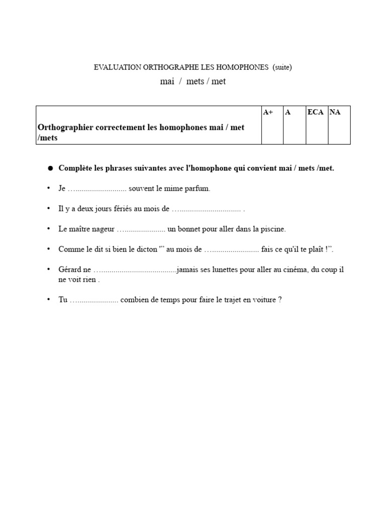 Évaluation des homophones : mai, mets, met | PDF
