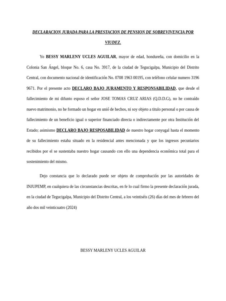 Declaración Jurada de Viudez para Pensión | PDF