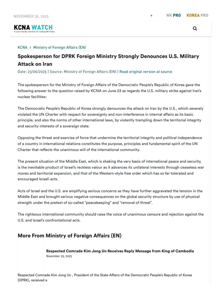 Spokesperson For DPRK Foreign Ministry Strongly Denounces U.S. Military ...