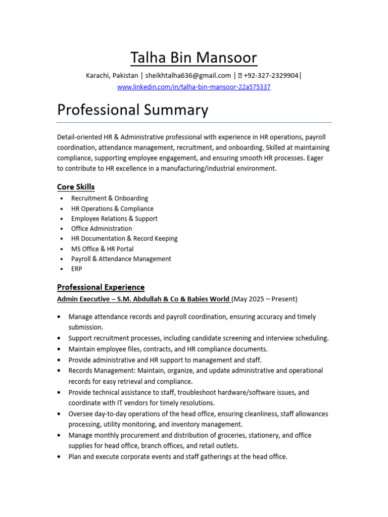Talha Bin Mansoor - CV | PDF | Human Resource Management | Business