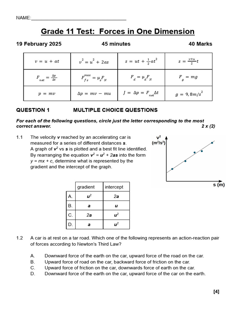 G11 - Test - CH 4 - CP3 - 2025 - 19feb | PDF | Force | Momentum
