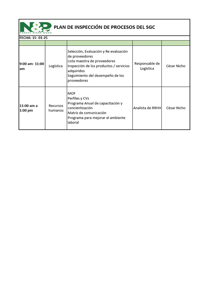 Plan de Inspección de Procesos Del SGC Nyp 2025 Miercoles 15-01 | PDF