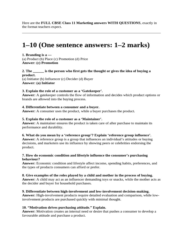 CBSE Class 11 Marketing Answers Guide | PDF | Consumer Behaviour | Behavior