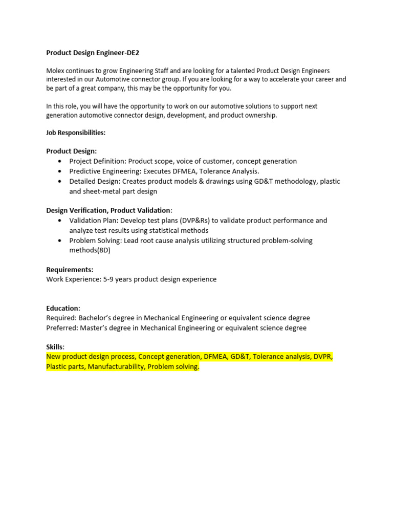 Product Design Engineer - De2 - Mechanical | PDF