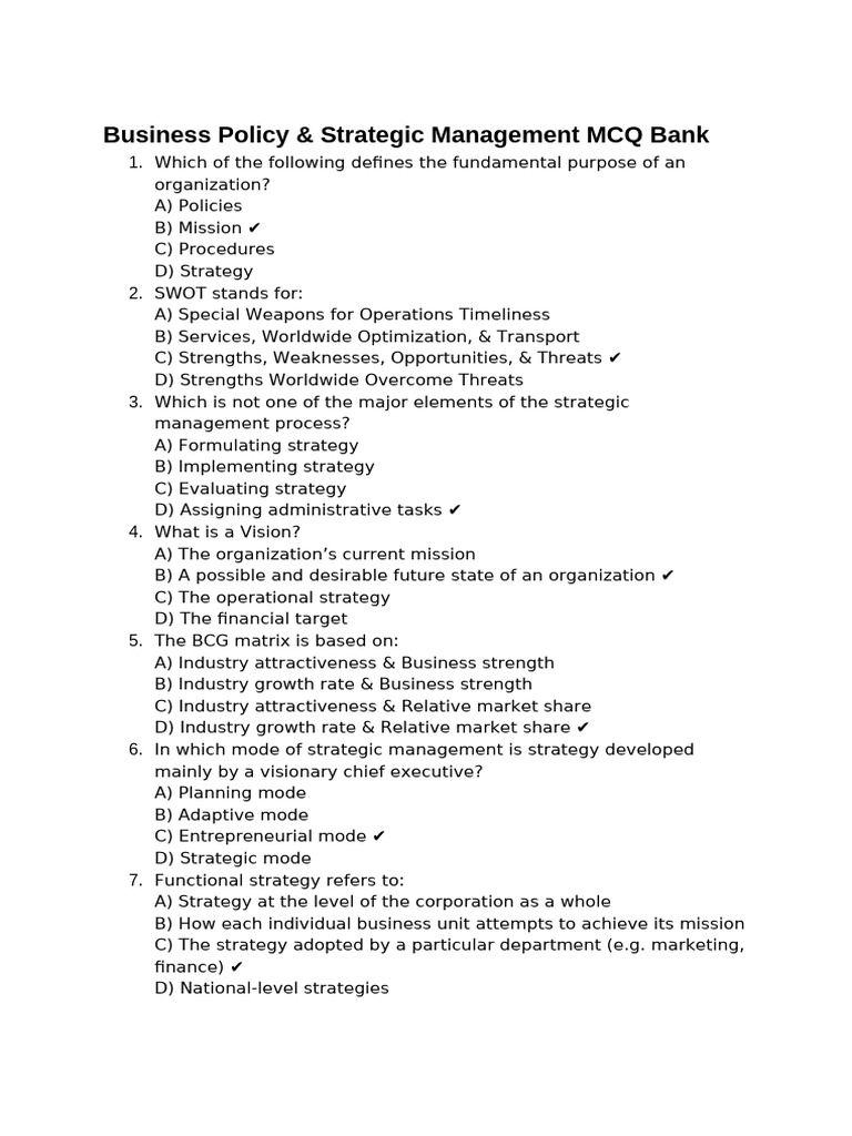 Business Policy & Strategic Management MCQs | PDF | Strategic ...