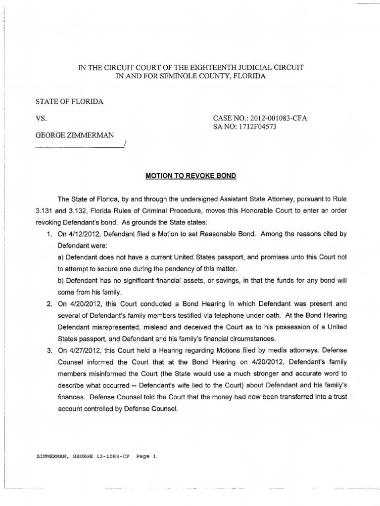 Prosecutors' Motion To Revoke George Zimmerman's Bond | PDF