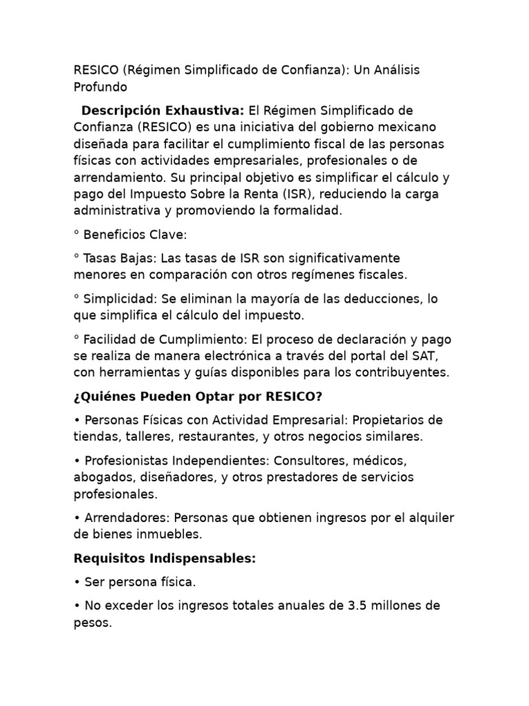Análisis del Régimen RESICO en México | PDF | Impuesto sobre la renta ...