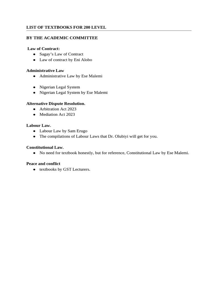 200 Level List of Textbooks | PDF