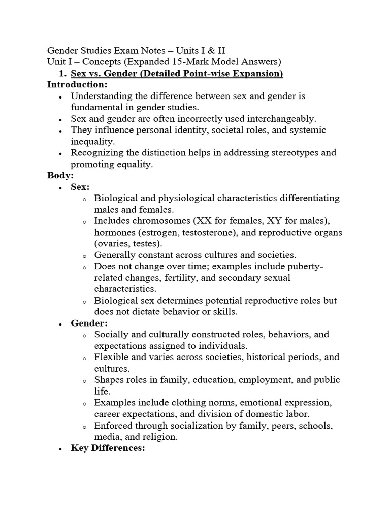 Gender Studies Exam Notes: Units I & II | PDF | Gender | Gender Studies