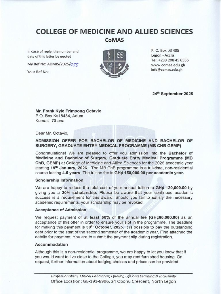 Admission Offer: MB ChB GEMP 2026 | PDF | Medical School | Educational ...