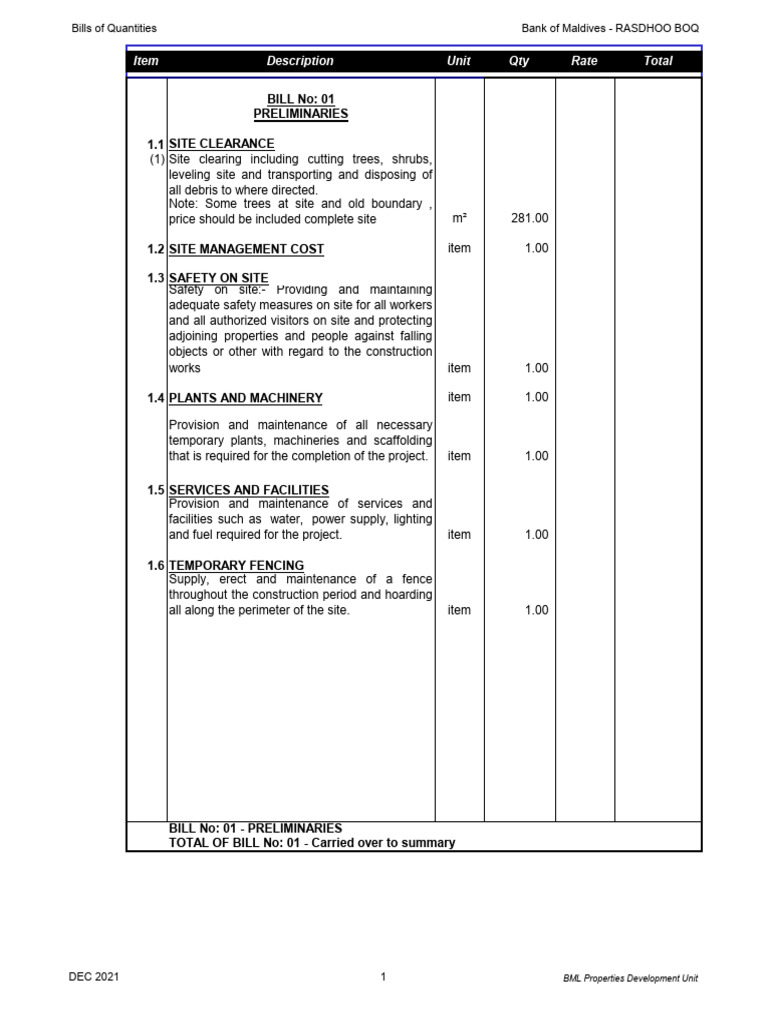 Rasdhoo Branch New Building Boq en | PDF | Concrete | Wall