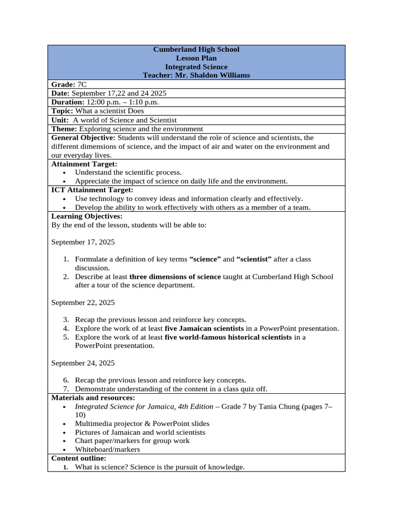 Grade 7 A World of Science and Scientist Lesson Plan | PDF | Science ...