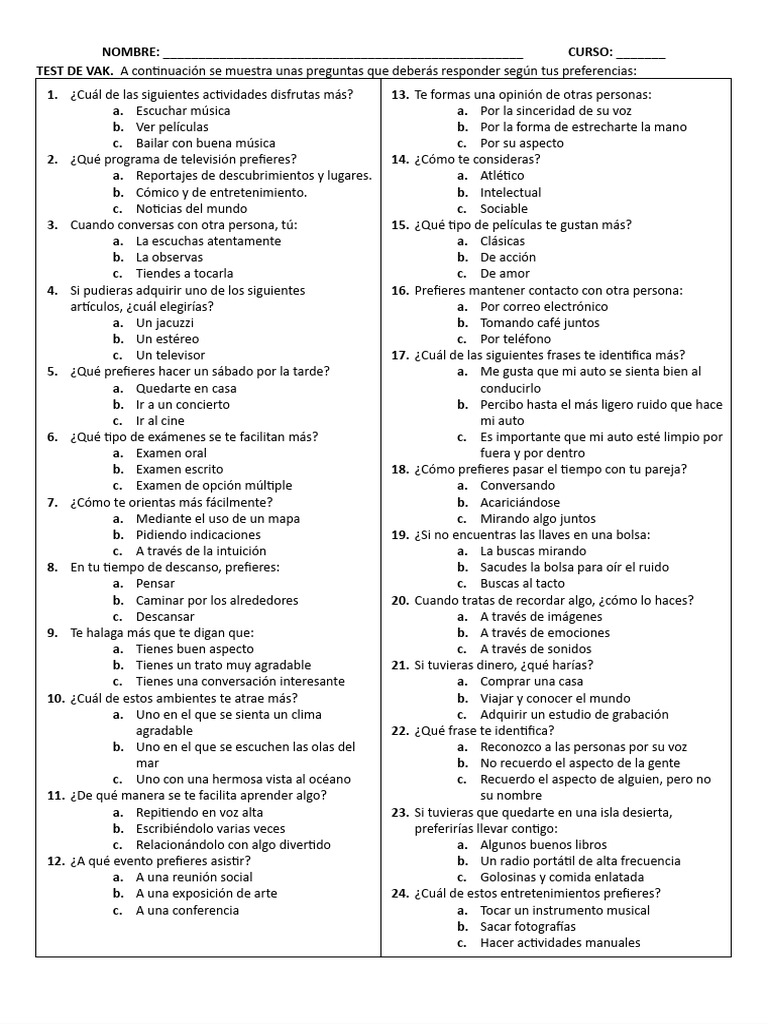 Test VAK: Estilos de Aprendizaje | PDF