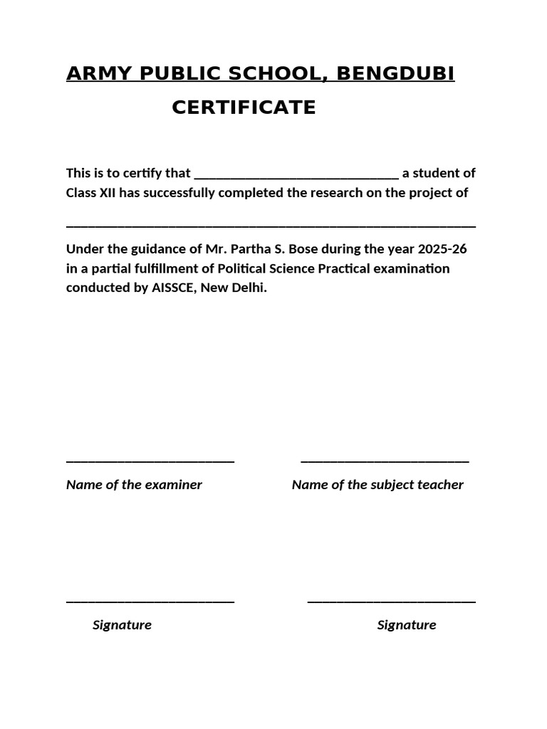 Class XII Political Science Project Certificate | PDF