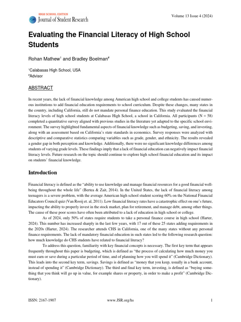 High School Financial Literacy Study | PDF | Credit | Finance & Money ...