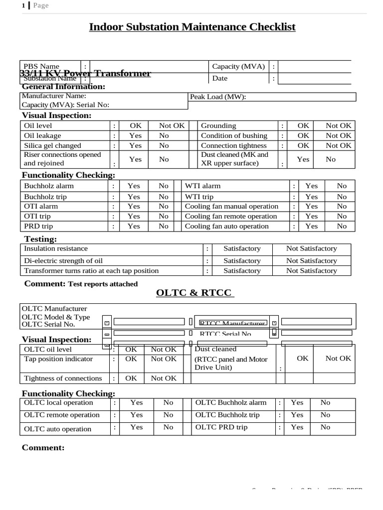 Indoor SubStation Maintenance Checklist | PDF | Transformer | Battery ...