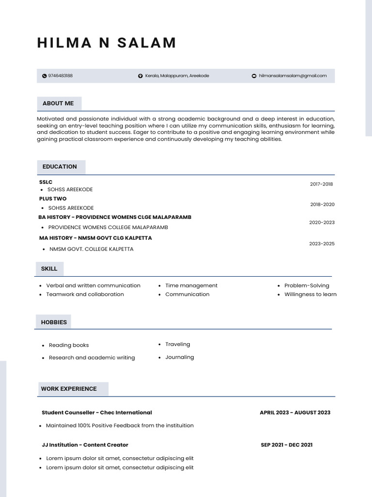 Entry-Level Teaching Resume of Hilma N Salam | PDF