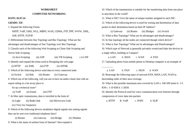 Computer Networking Worksheet for Grade XII | PDF | Computer Network ...