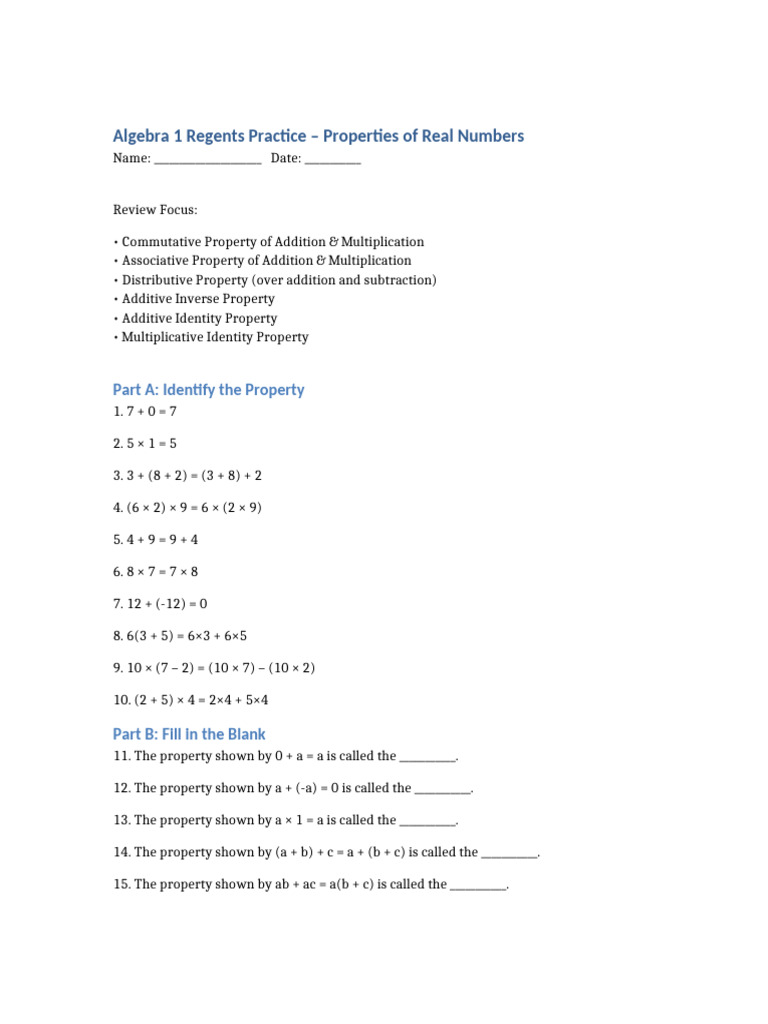 Algebra1 Properties Worksheet | PDF