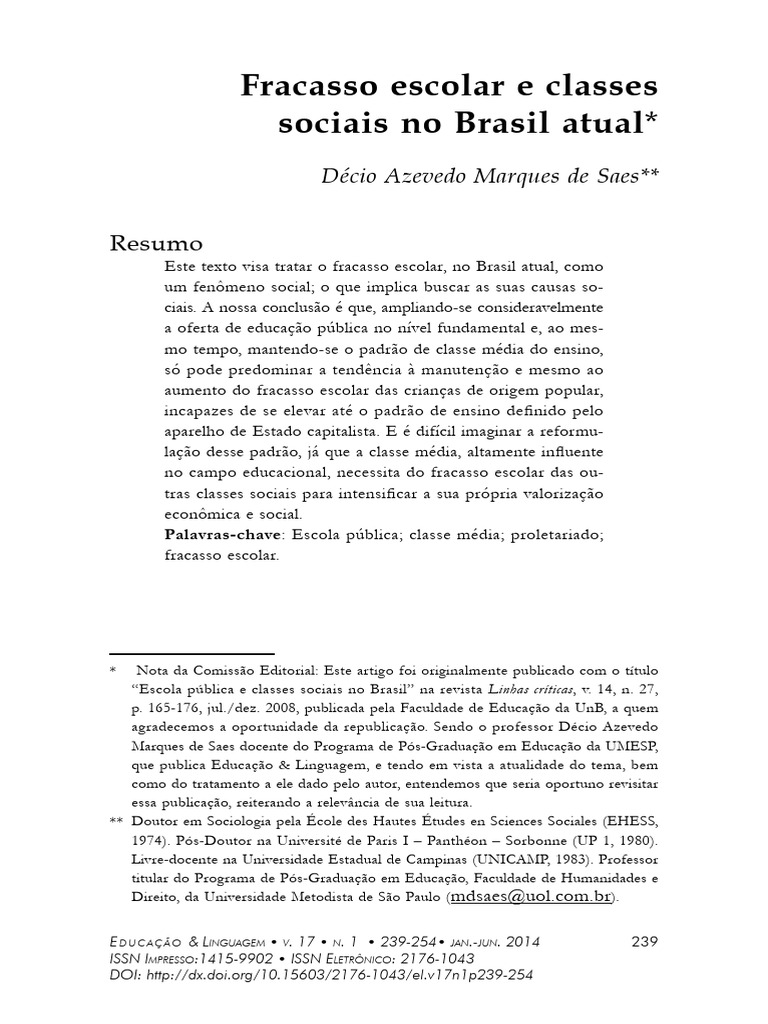 Fracasso Escolar e Classes Sociais no Brasil | PDF | Estado | Burguesia
