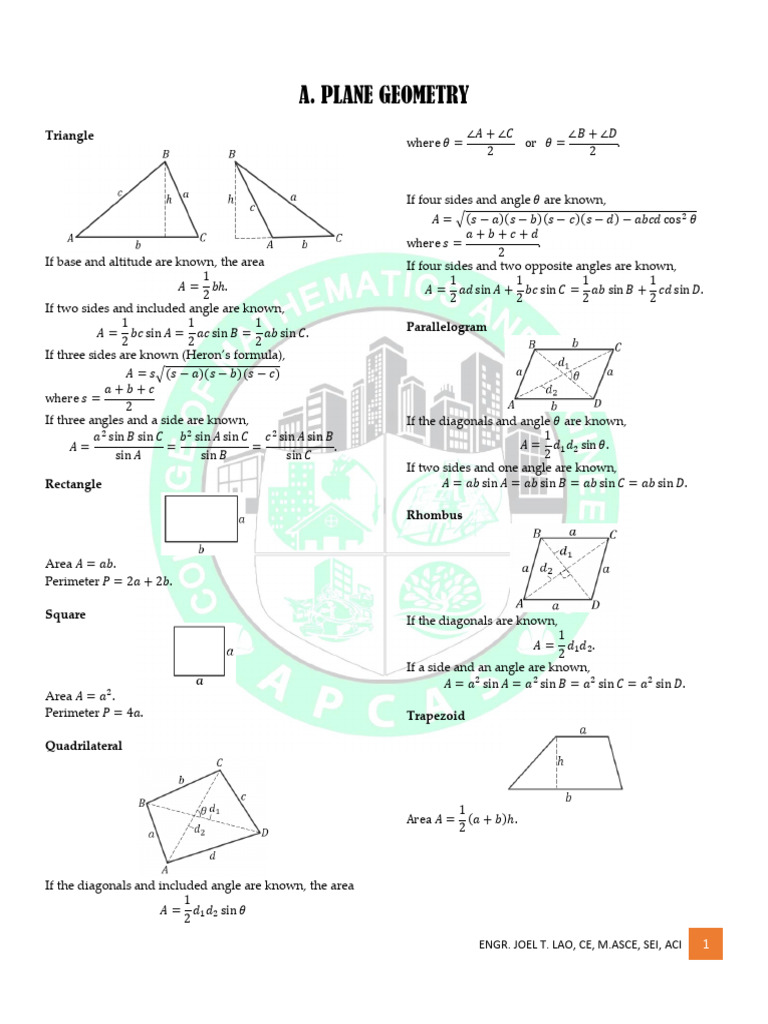 Summary Of Plane And Solid Geometry Formulas Pdf Area Circle