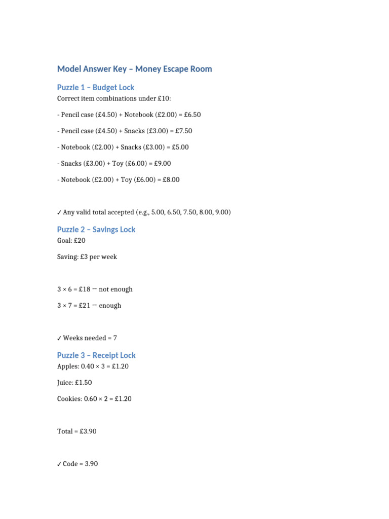 Money Escape Room Answer Key | PDF