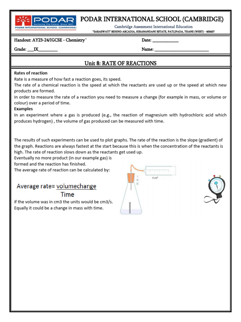 IGCSE Chemistry: Rate of Reactions Guide | PDF | Reaction Rate ...