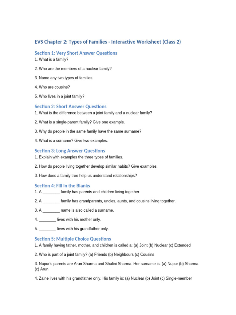 EVS Ch2 Types of Families Worksheet Class2 | PDF | Social Institutions ...