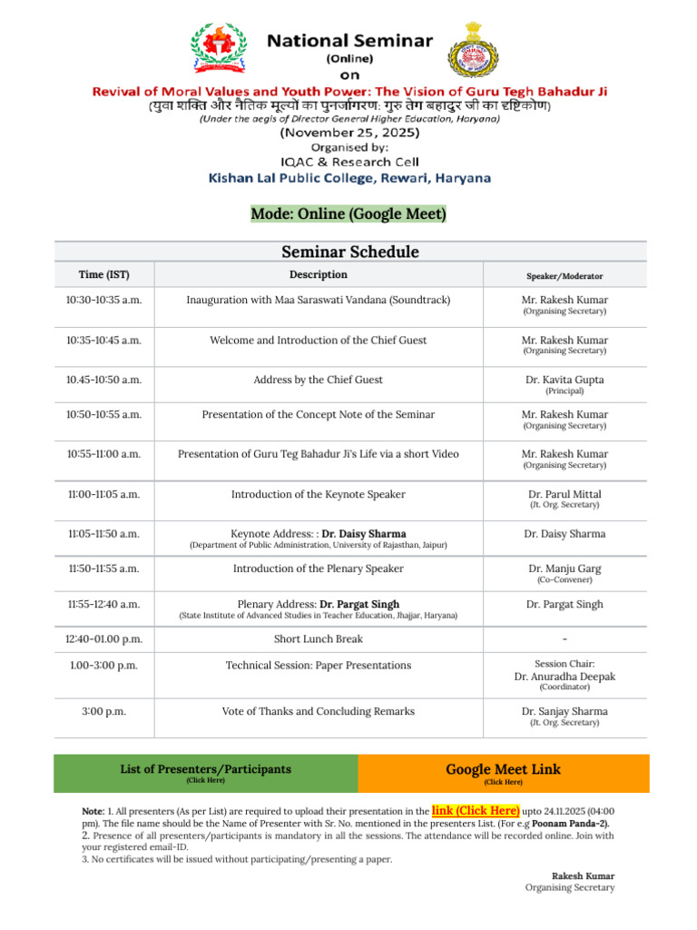 Seminar Schedule-GTB - KLP College | PDF