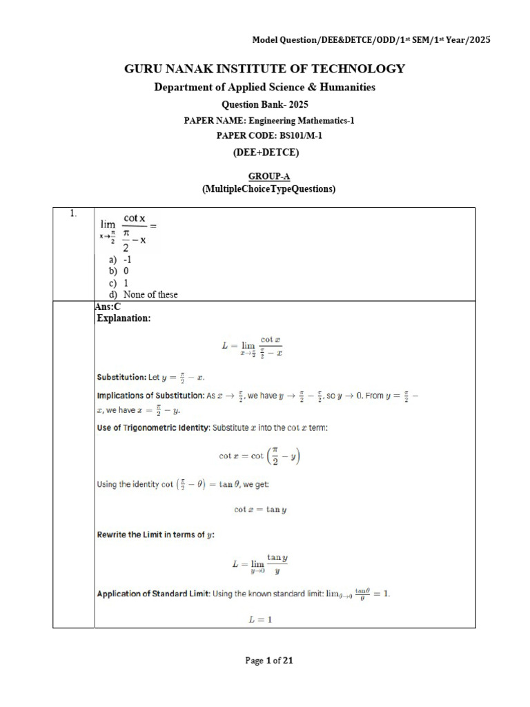Engineering Mathematics-1 Question Bank 2025 | PDF | Derivative ...
