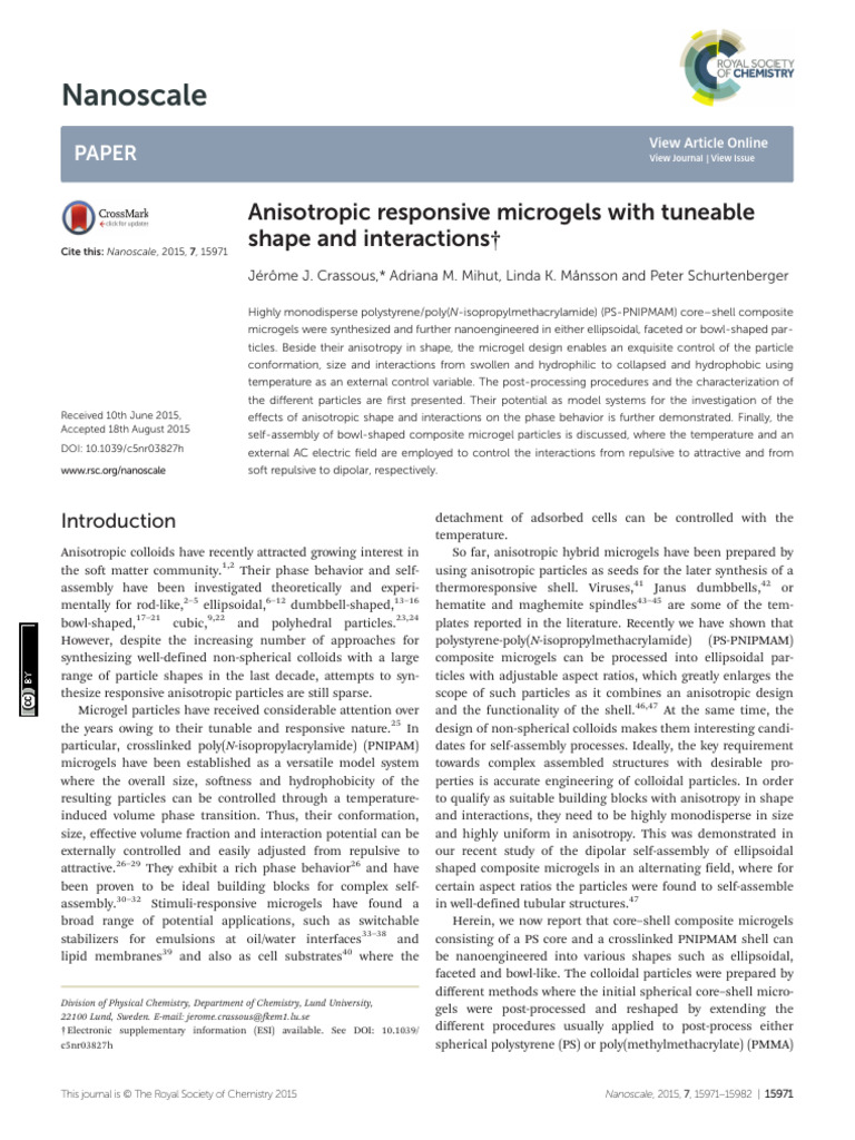 Anisotropic Responsive Microgels With Tuneable Shape and Interactions ...