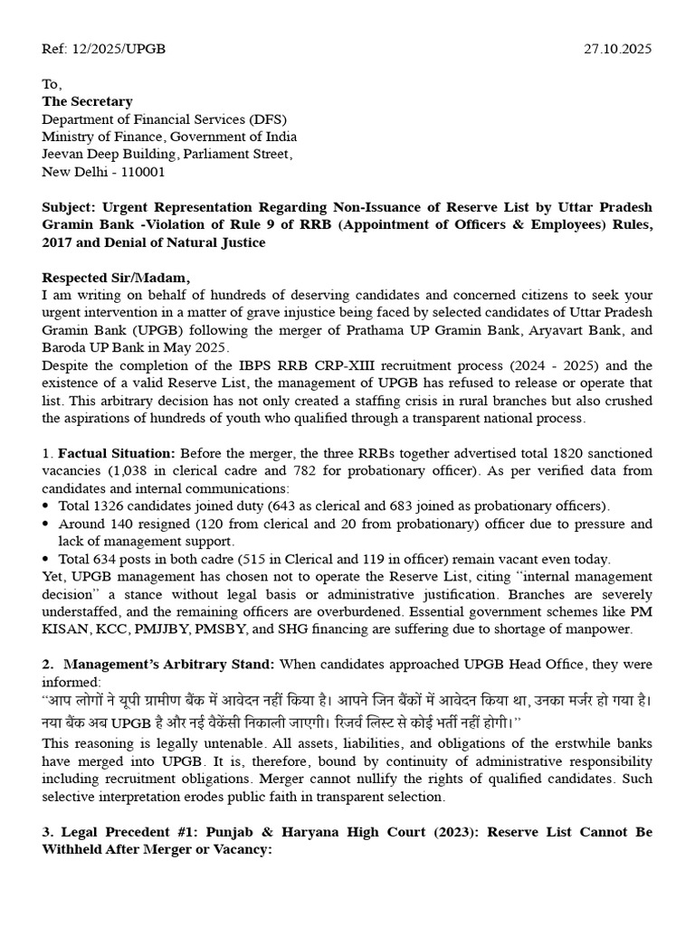 Letter No. 12 DFS UPGB Reserve List | PDF | Recruitment | Precedent