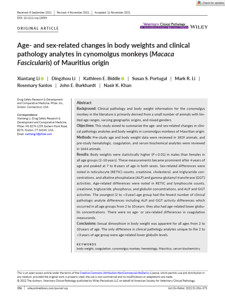 Veterinary Clinical Pathol - 2022 - Li - Age and Sex Related Changes in ...