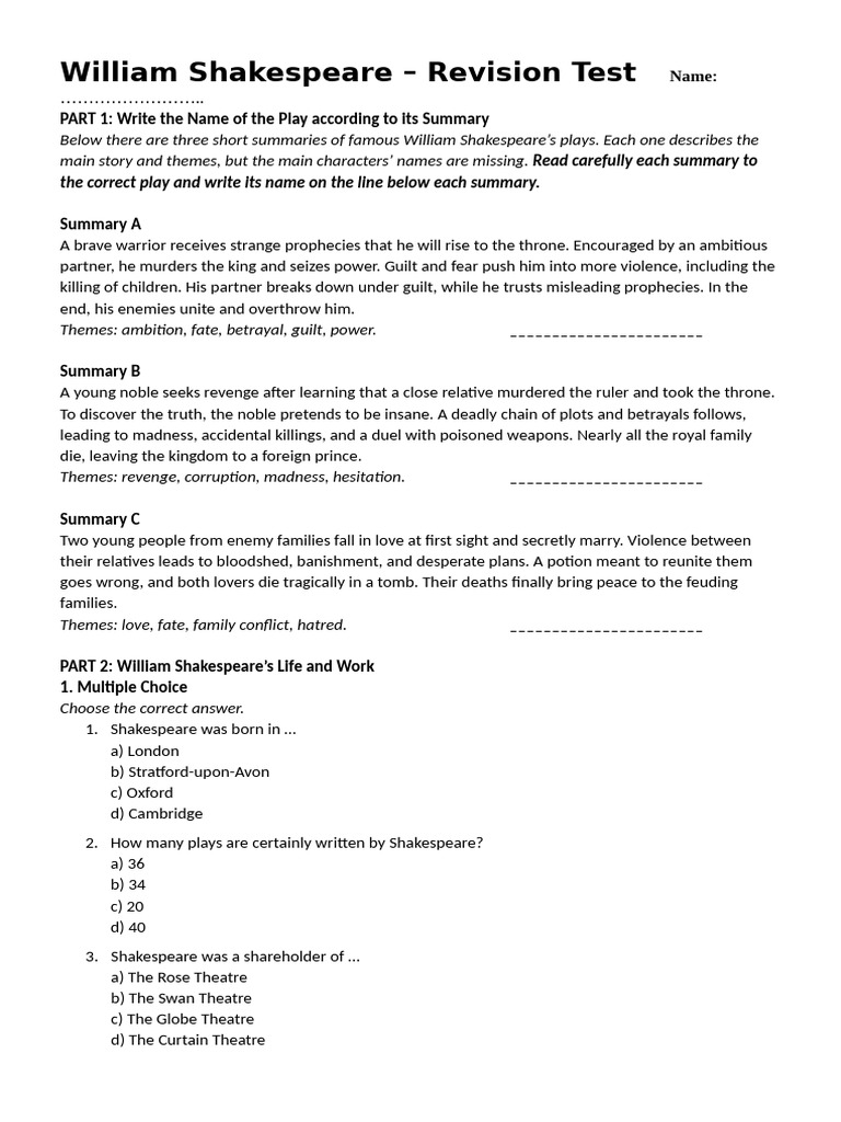 Shakespeare Play Summaries and Quiz | PDF